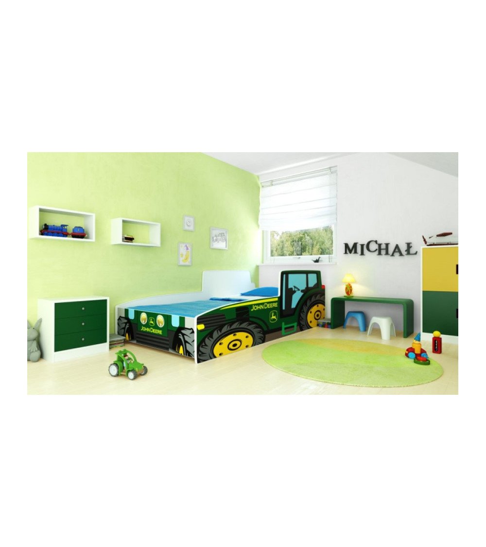 Lit enfant tracteur vert avec matelas et sommier inclus